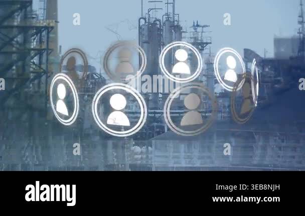 Animation of profile icons and connected dots over aerial view of ...