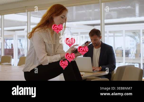 Love you text over multiple heart icons over caucasian woman using ...