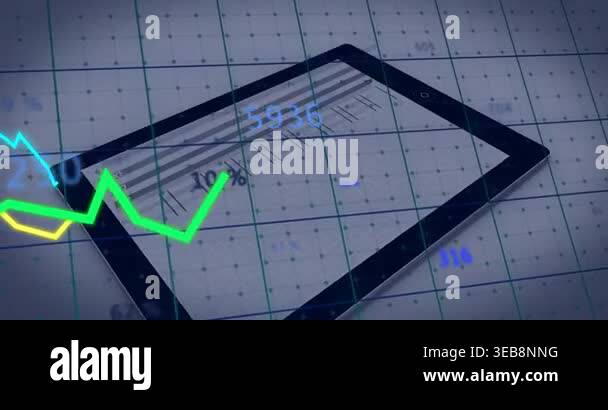 Green line starting animation, tablet displaying 3D bars rising and ...