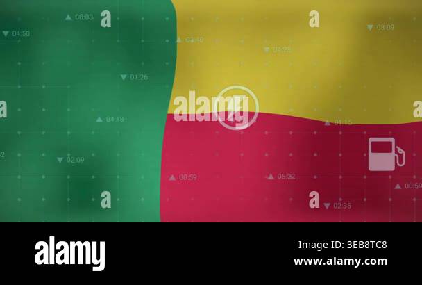Animation of graphs, data and energy icons over flag of benin. National ...