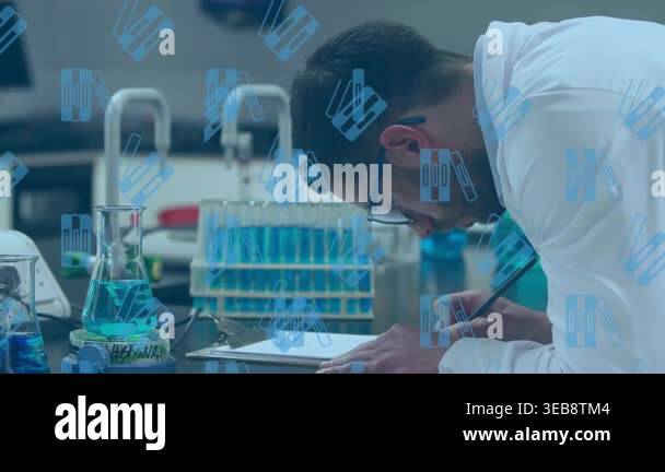 Animation of lab icons over caucasian male scientist with test tubes ...