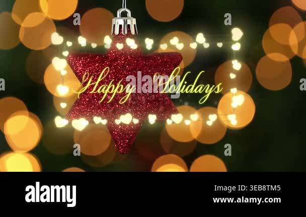 Animation of happy holidays text over fairy lights banner against star ...