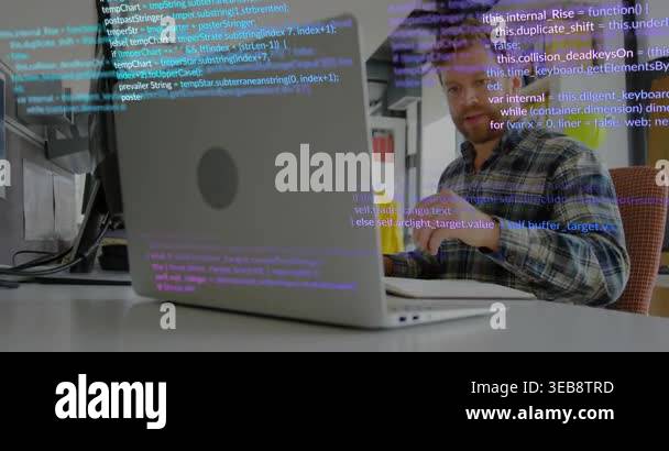Developer typing on laptop, causing code overlay filling across laptop ...