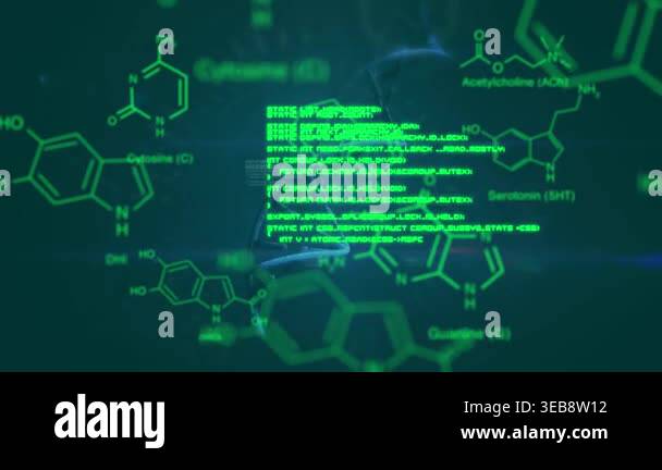 Animation of data processing and chemical formula over dna strand ...