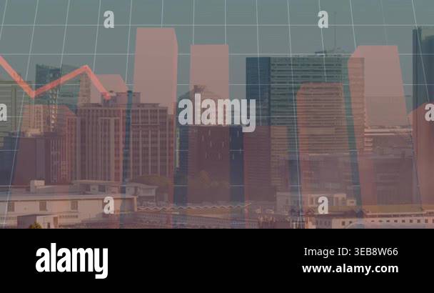 Thin red line appearing cityscape overlay animating with red bars ...