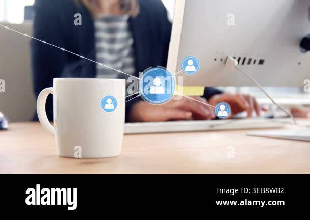 Woman typing at desk, initial blue user icon causing icons, lines ...