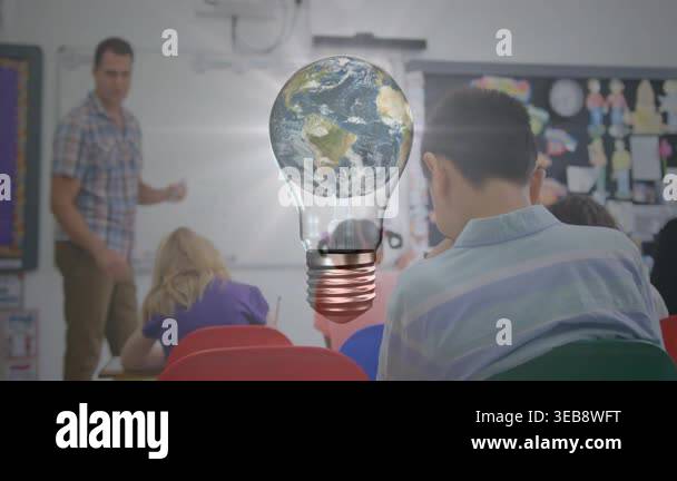 Teacher gesturing in classroom causing earth bulb appearing and flare ...