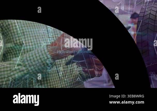 Animation of black shape and digital space over midsection of caucasian ...