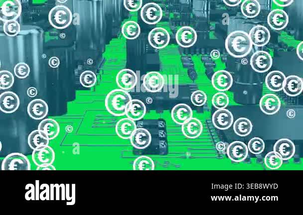 Animation of euro symbol icons over computer circuit board. global ...
