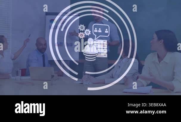 Animation of icon in loading circles, diverse man explaining reports to ...