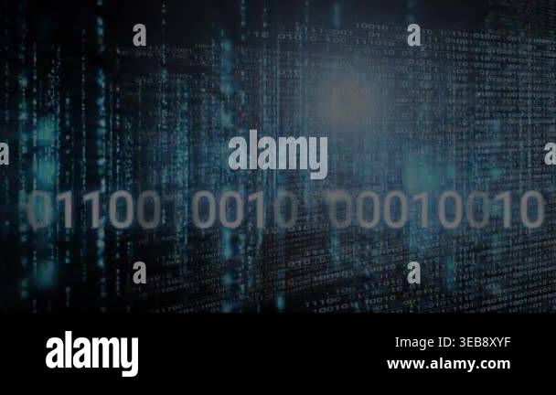 Animation of digital data processing and qr code over black background ...