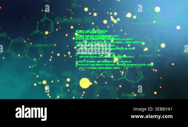 Animation of yellow spots floating over chemical structures and data ...