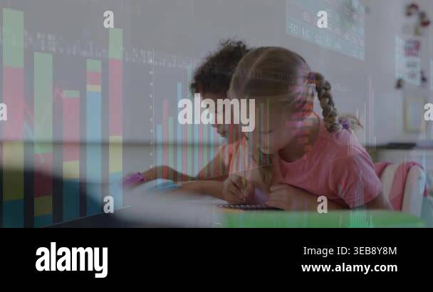Two students working in class, tapping tablet while data charts overlay ...