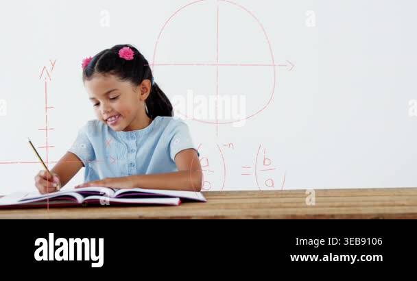 Animation of math formulas over happy girl doing homework. learning ...