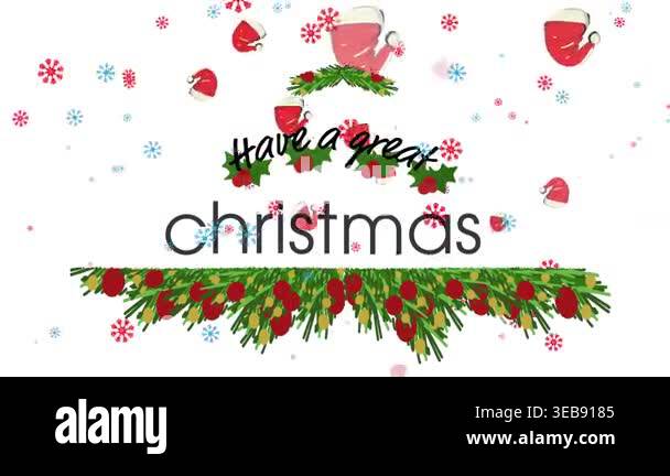 Animation of snowflakes and santa hats falling over merry christmas ...