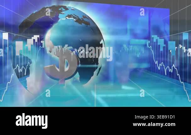 Animation of dollar sign in rotating globe with multiple moving graphs ...