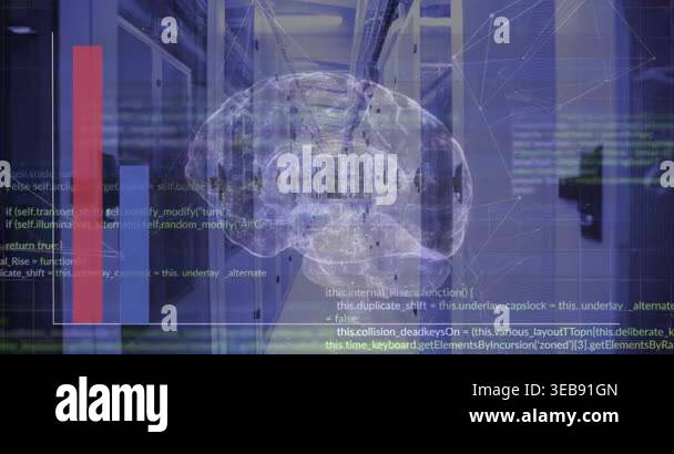 Animation of brain, graph and data processing over servers. Network ...