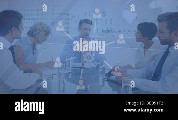 Animation of gears and icons over caucasian colleagues discussing in ...