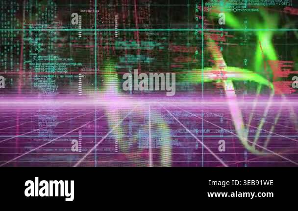 Animation of data processing and dna structures over purple grid ...