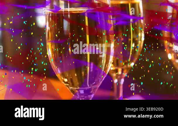 Animation of shapes and confetti over glasses of champagne. Party ...