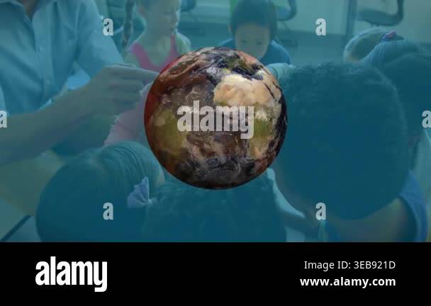 Teacher pointing causing animated Earth growing, rotating while ...