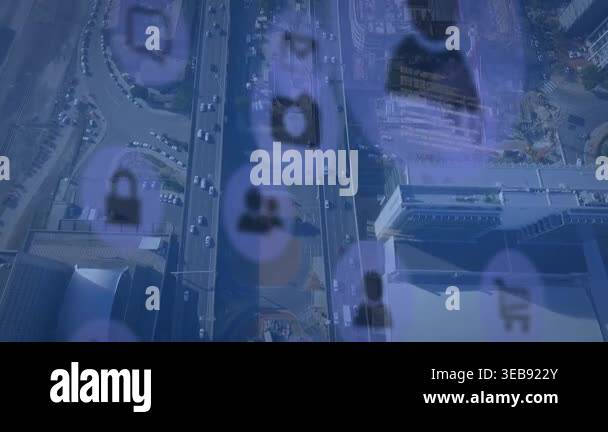 Multiple digital icons and data processing against aerial view of ...
