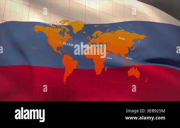 Initial ripple moving across flag, orange world map deforming and ...