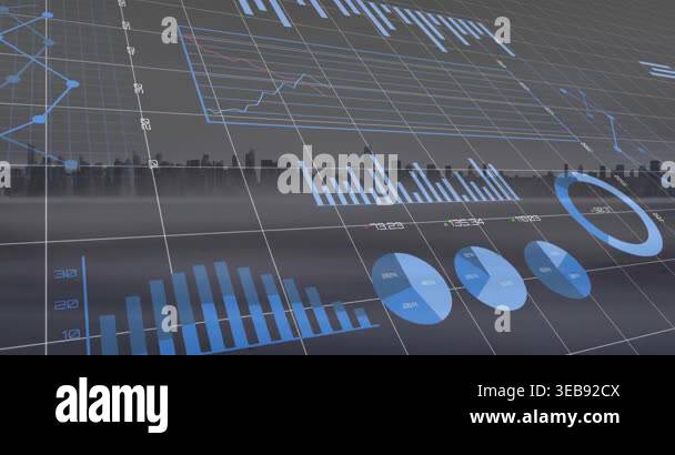 Animation of diagrams and data processing over cityscape. Global ...
