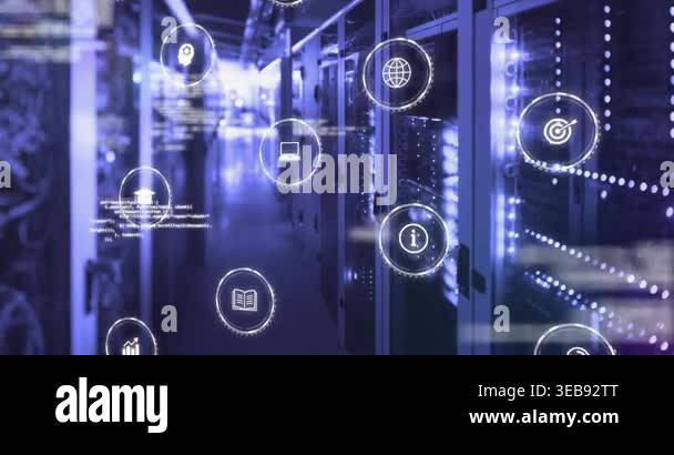 Animation of data processing, light spot and multiple digital icons ...