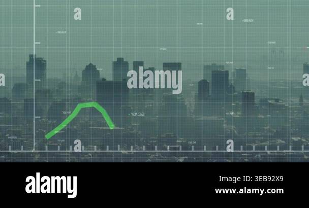 Animation of green line and financial data processing over cityscape ...