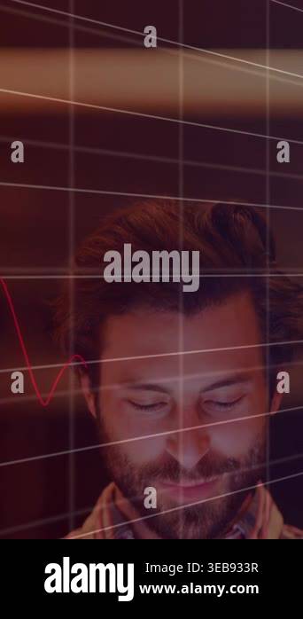 Vertical video: Man reading tablet in finance animated charts ...