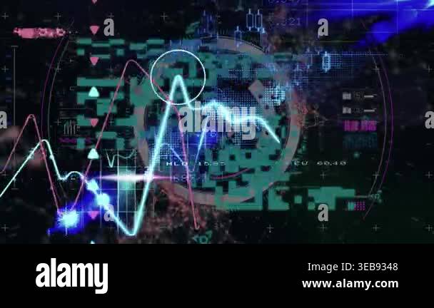 Animation of financial data processing over qr code, scope scanning and ...