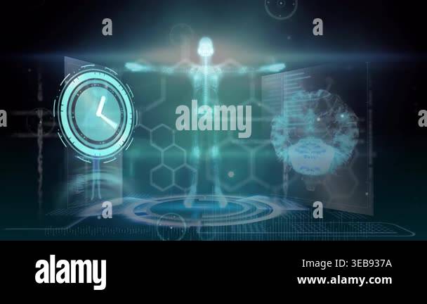 Animation of clock moving over unk. Global digital interface technology ...