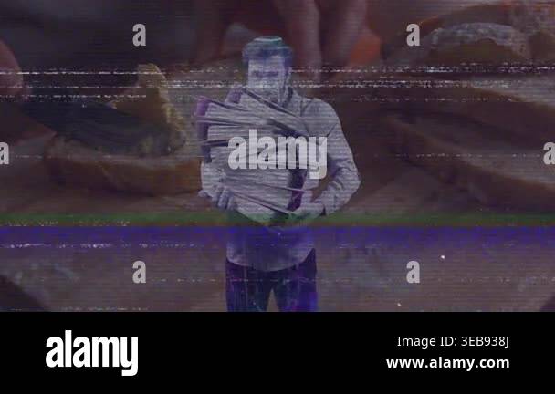 Animation of interference and caucasian man over hands spreading butter ...