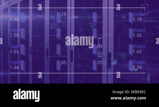 Animation of qr code and data processing over server room. Global ...
