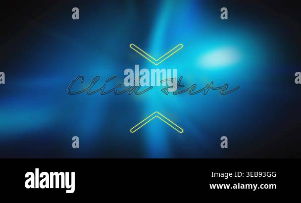 Animation of neon yellow click here text banner against blue spots of ...
