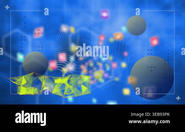 Animation of spheres and shapes over blurred icons on blue background ...