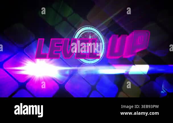 Animation of level up text over shapes. Social media and digital ...