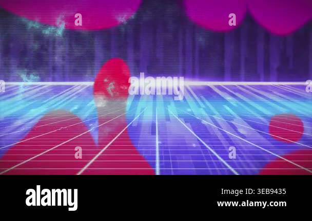 Animation of wave glowing shapes over grid and black background ...