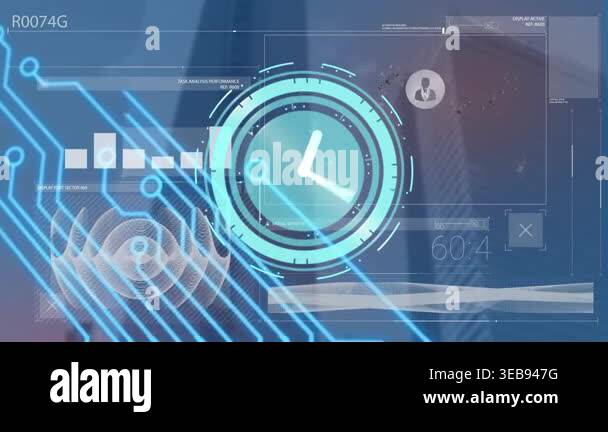 Animation of computer circuit board over moving clock and data ...