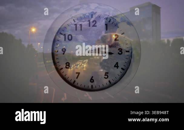 Transparent clock overlay appearing, hands rotating and jumping over ...