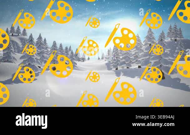 Animation of color palette icons in seamless pattern and snow falling ...