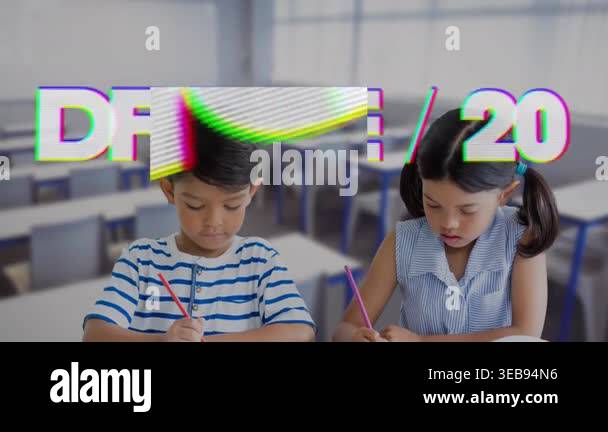 Animation of covid-19 text banner over asian girl and boy studying ...