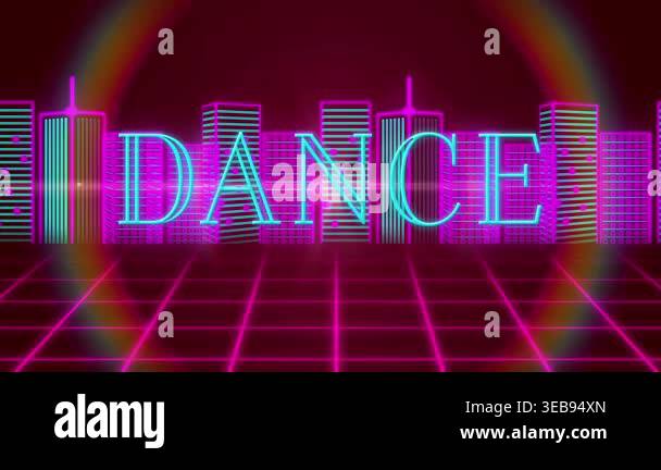 Animation of dance text over city and shapes. Social media and digital ...