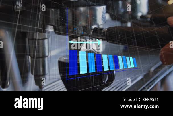Animation of multicolored bar graph with arrow over cropped hands of ...