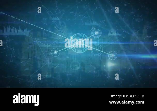 Animation of qr code and network of connections over data processing on ...