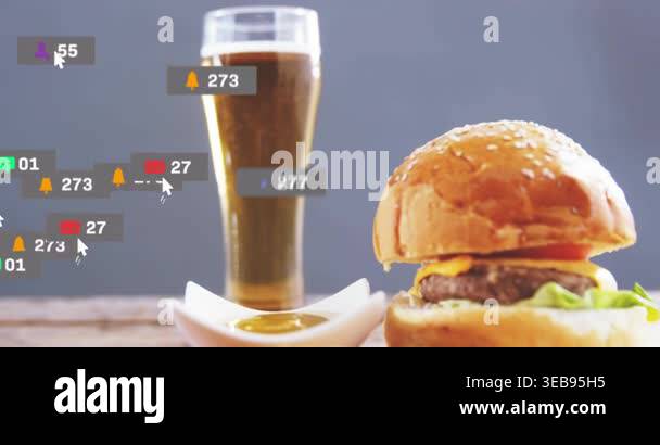 Burger and beer, on ping badges popping, multiplying, filling ...
