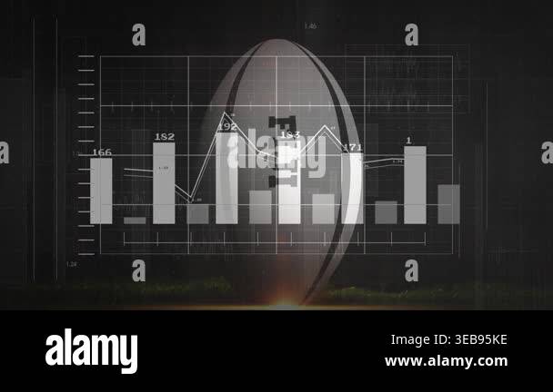 On start translucent chart and rugby ball animating bars moving line ...