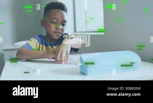 Boy at window writing paper, reaching pencil, growing green binary ...