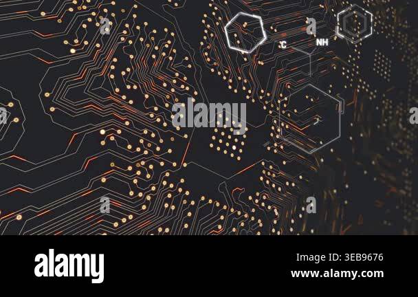 Animation of chemical formula over computer circuit board on black ...